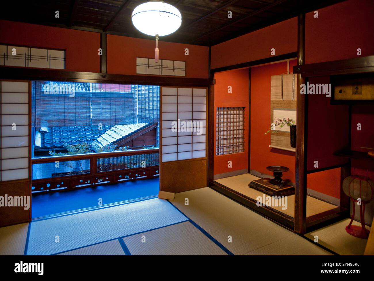Interior view of the Ochaya Shima historical geisha house in the Higashi Chaya-gai district of ...