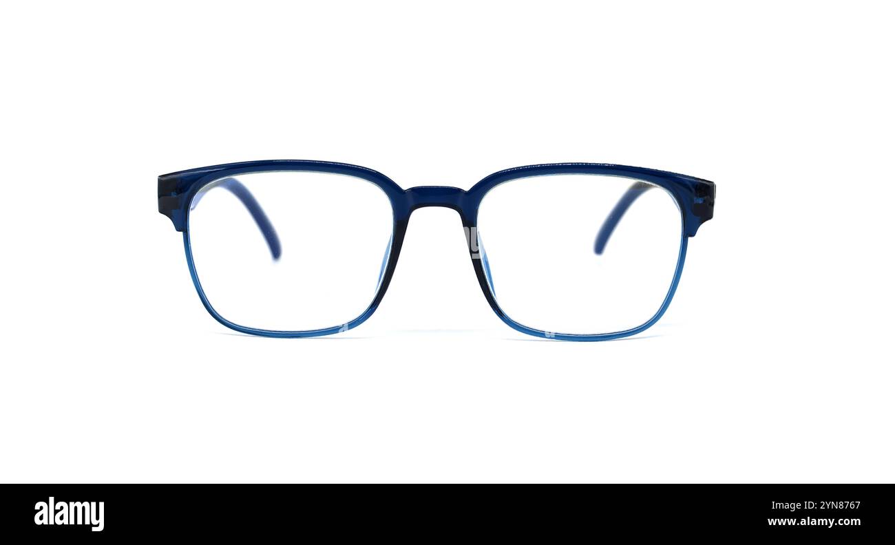 Stylish blue and black eyeglasses with frameless clear lenses isolated ...