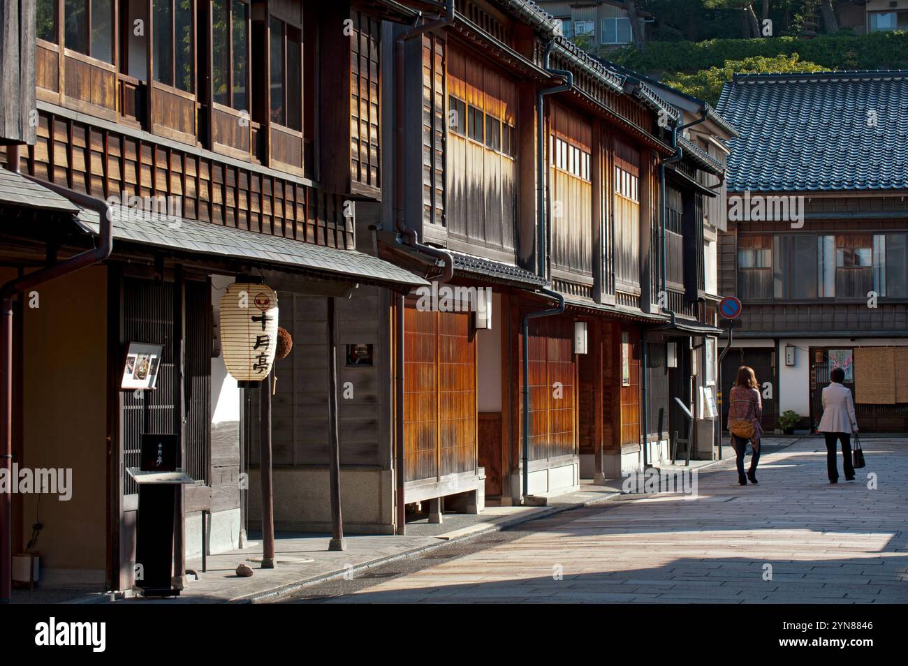 Teahouse facades in the historic Higashi Chaya-gai district in Kanazawa ...