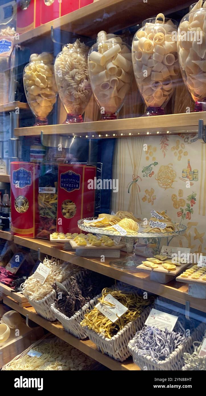 Italian pasta in fine glass containers. Gourmet Italian pasta. Typical ...