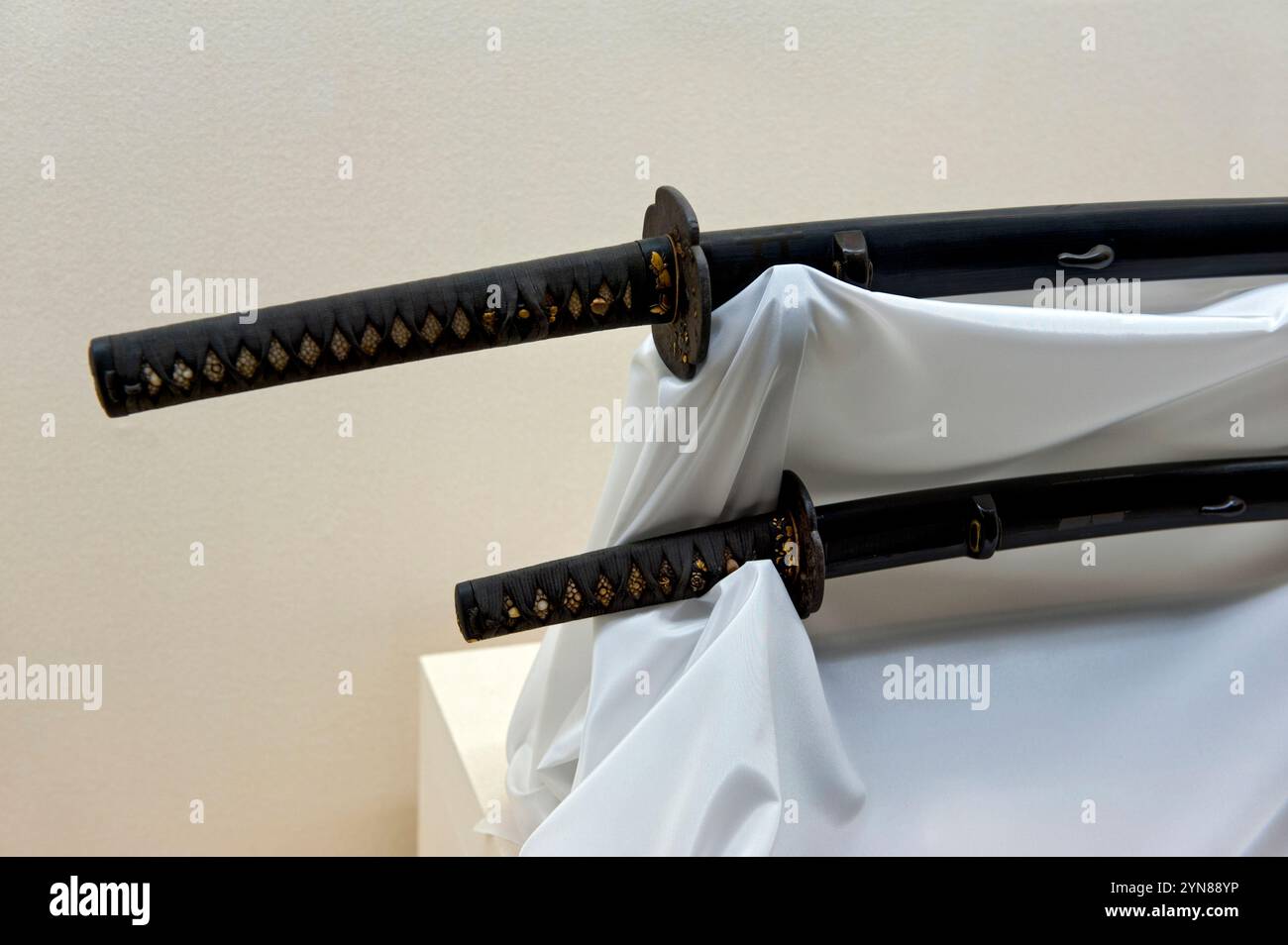 A katana samurai sword and a wakizashi (short sword) on display at the ...