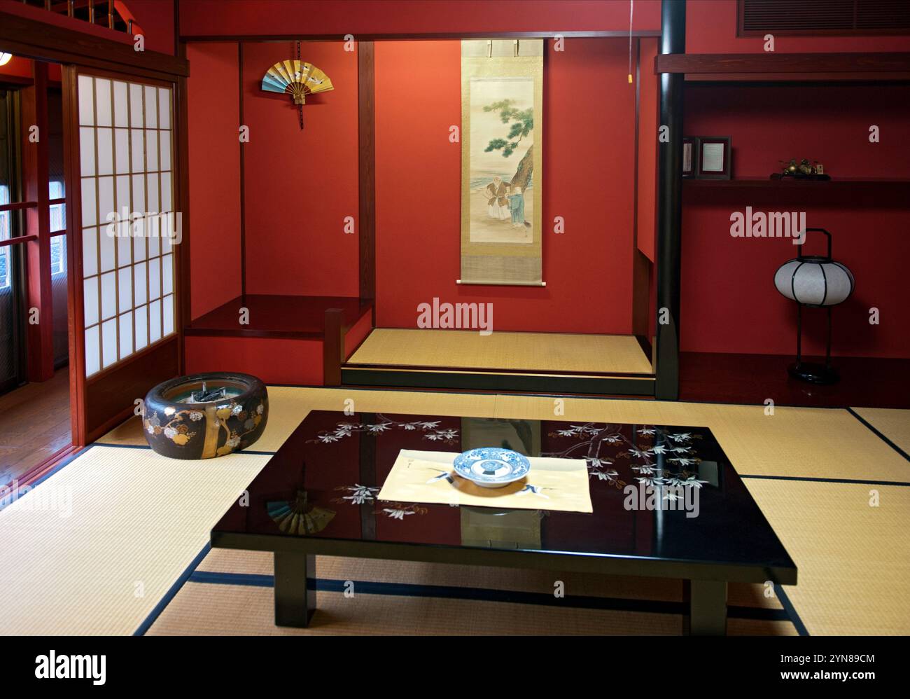 Interior red walls of the Nishi Chaya Shiryokan Museum, a preserved ...