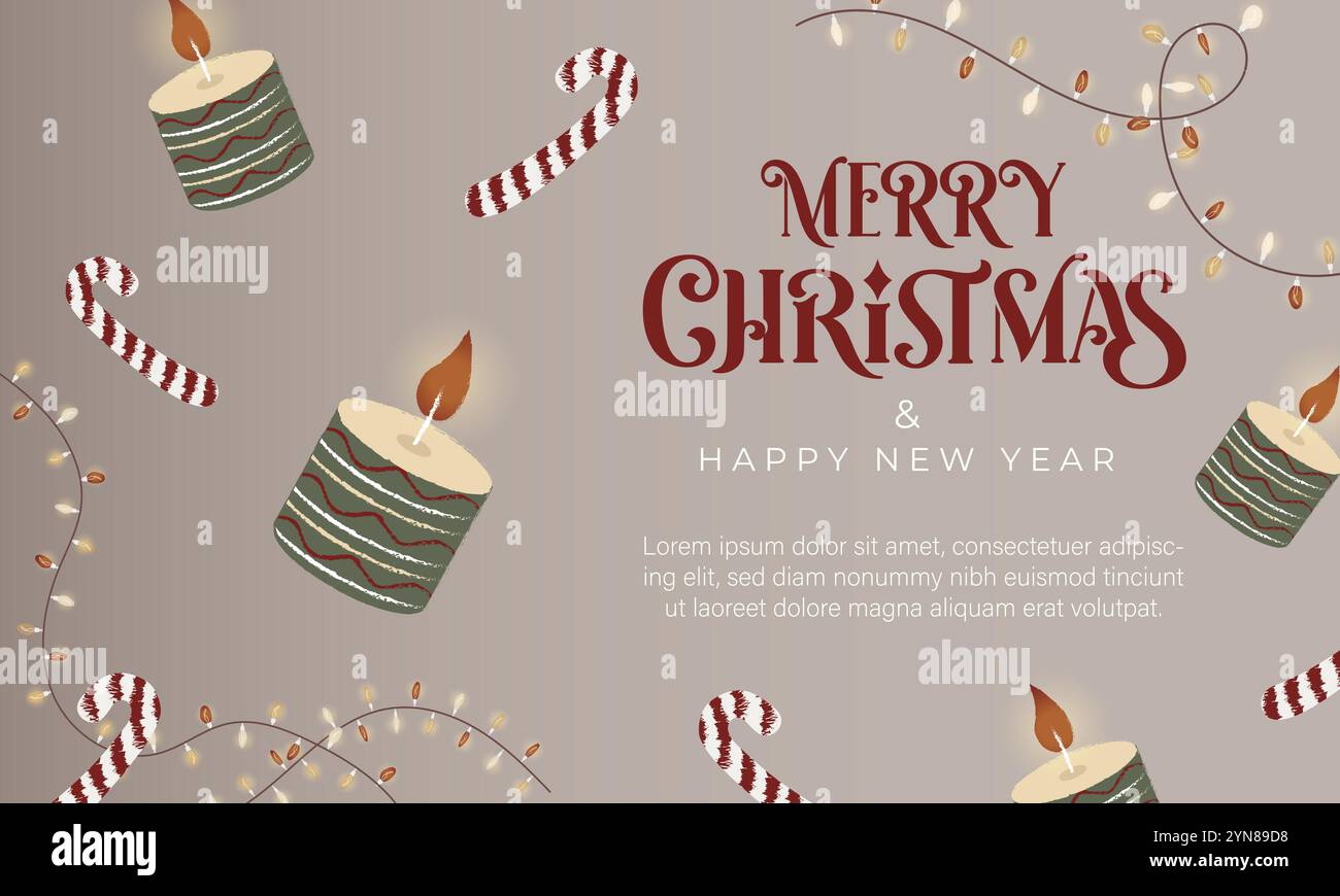 Merry Christmas greeting card with candles and candy canes. Vector ...