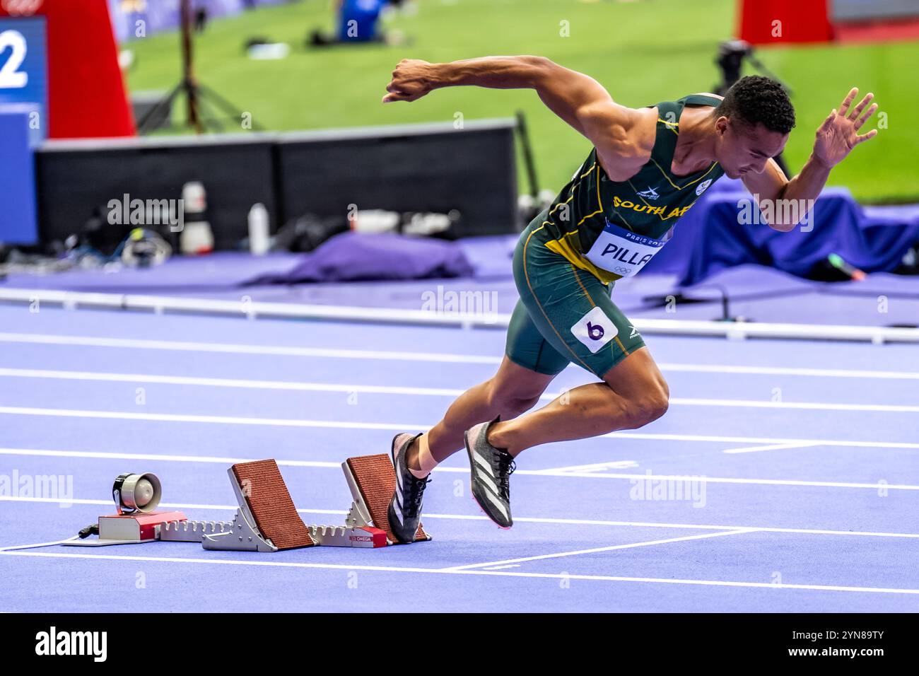 Lythe Pillay (RSA), starting the Men's 400m heats at the 2024 Olympic ...