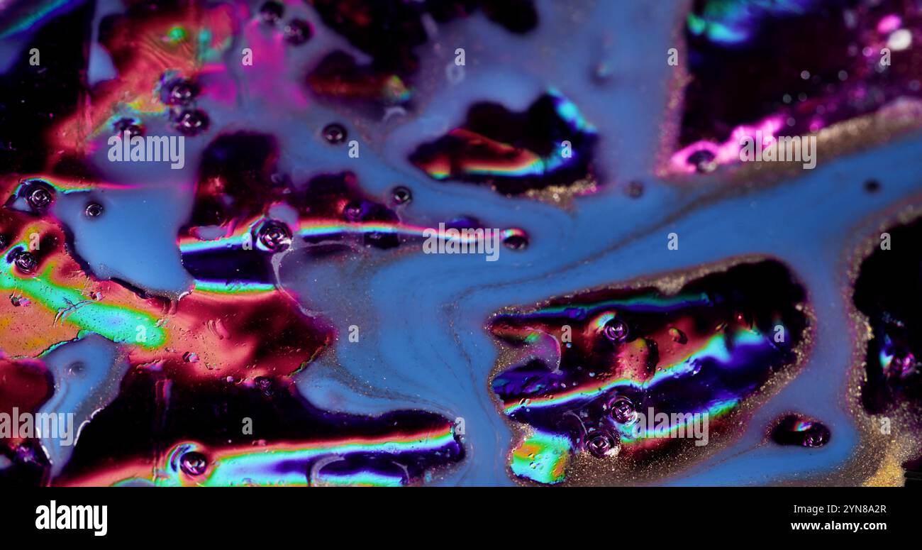 Bright overflow. Paint stream. Colored liquid transit on metal surface ...