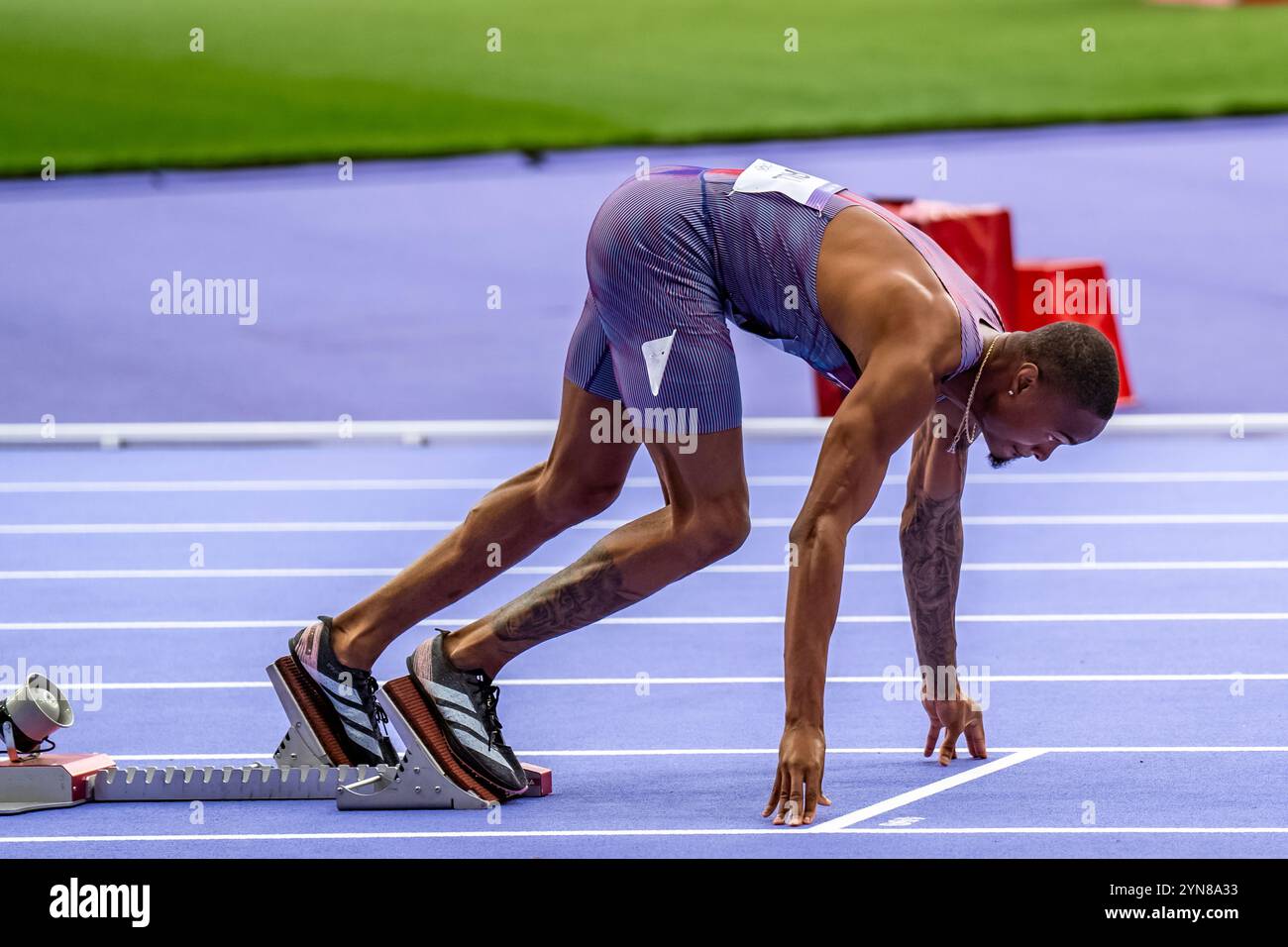 Sequence 2-6 of Quincy Hall (USA) starting the heat of the 400m at the 2024 Olympic Summer Games ...