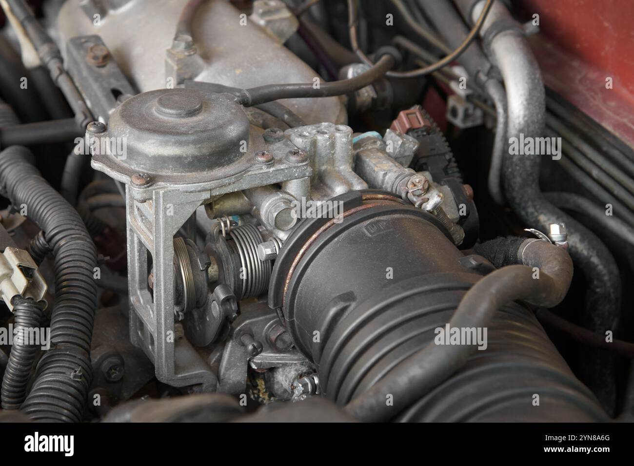 close-up of throttle body assembly in intake manifold with intake air ...