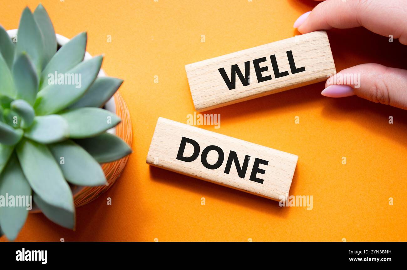 Well done symbol. Wooden blocks with words Well done. Businessman hand ...