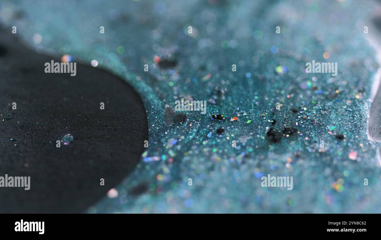 Glitter ink drip. Paint spill. Blur teal black color holographic sequin ...