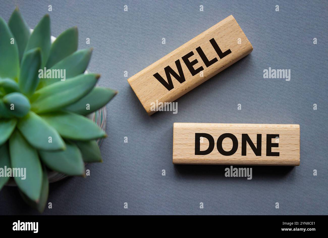 Well done symbol. Wooden blocks with words Well done. Beautiful grey ...