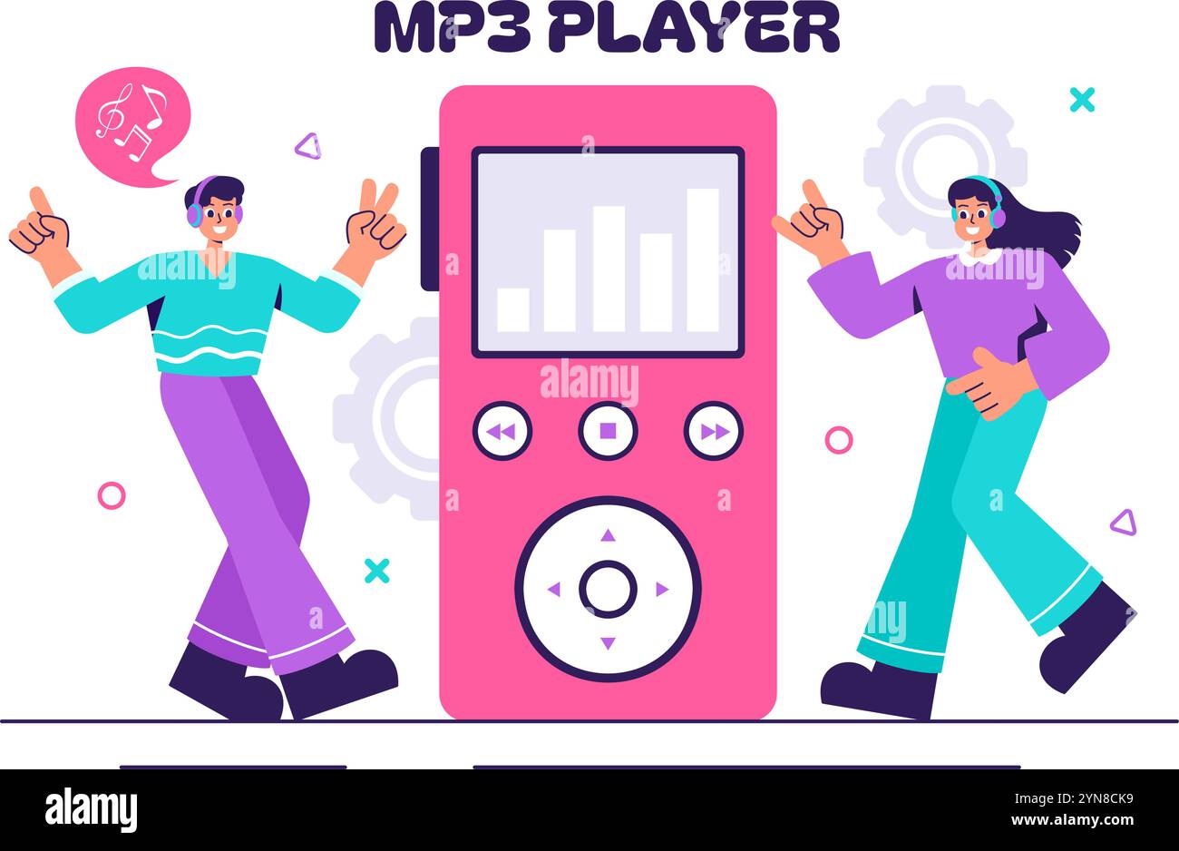 MP3 Player Vector Illustration featuring Musical Notations, Headphones ...