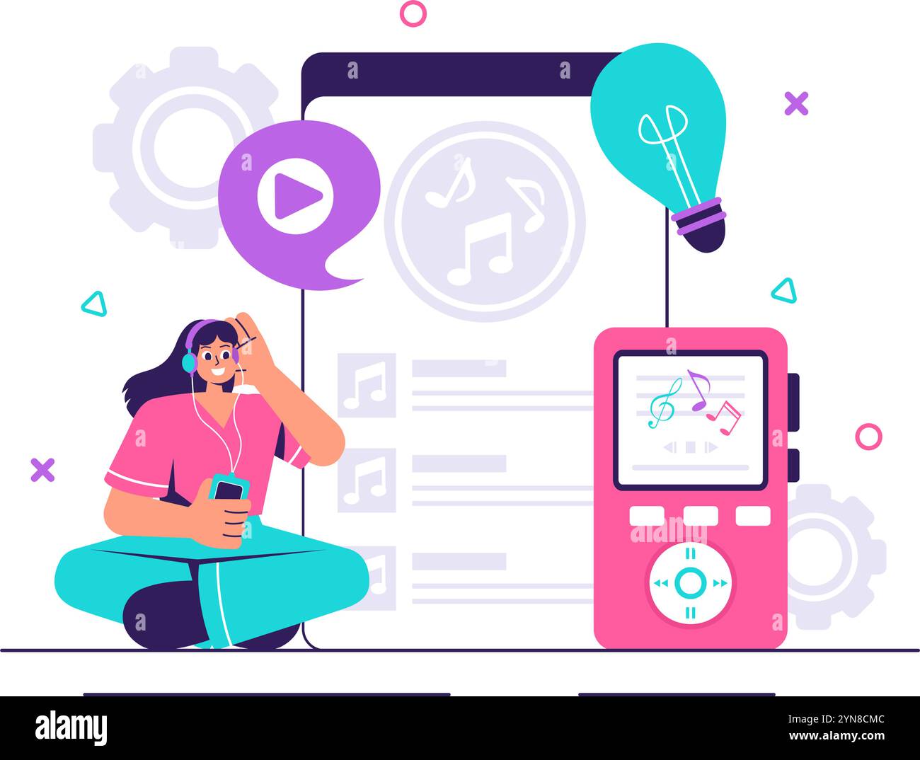 MP3 Player Vector Illustration featuring Musical Notations, Headphones ...