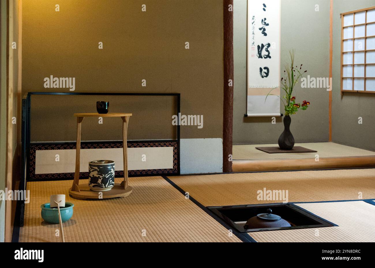 Interior view of a traditional Japanese chashitsu (tea room) with a ...