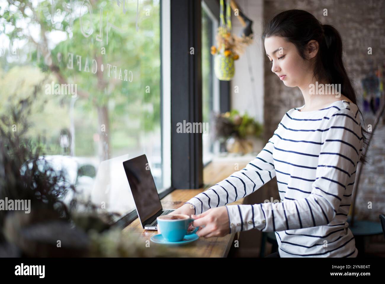 Woman opening a computer in a café Stock Photo - Alamy