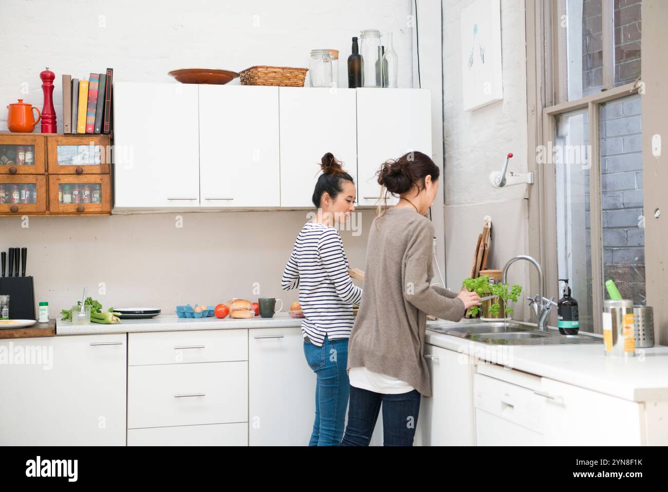 Two women cooking in kitchen Stock Photo - Alamy