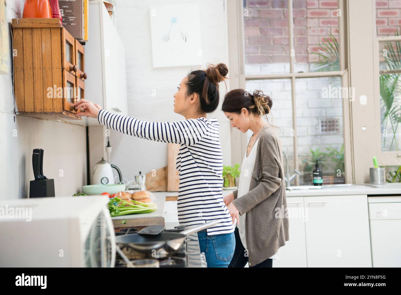 Two women cooking in kitchen Stock Photo - Alamy