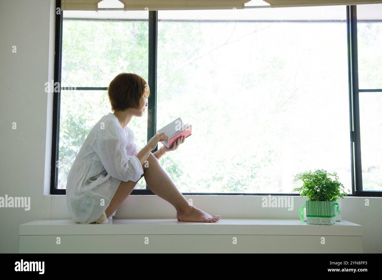 Woman reading at window hi-res stock photography and images - Alamy