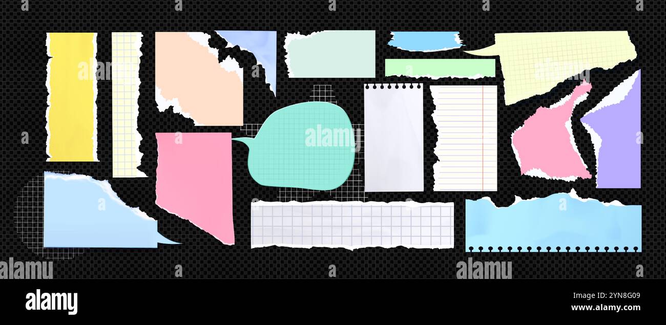 Torn paper pieces set isolated on black background. Vector realistic ...