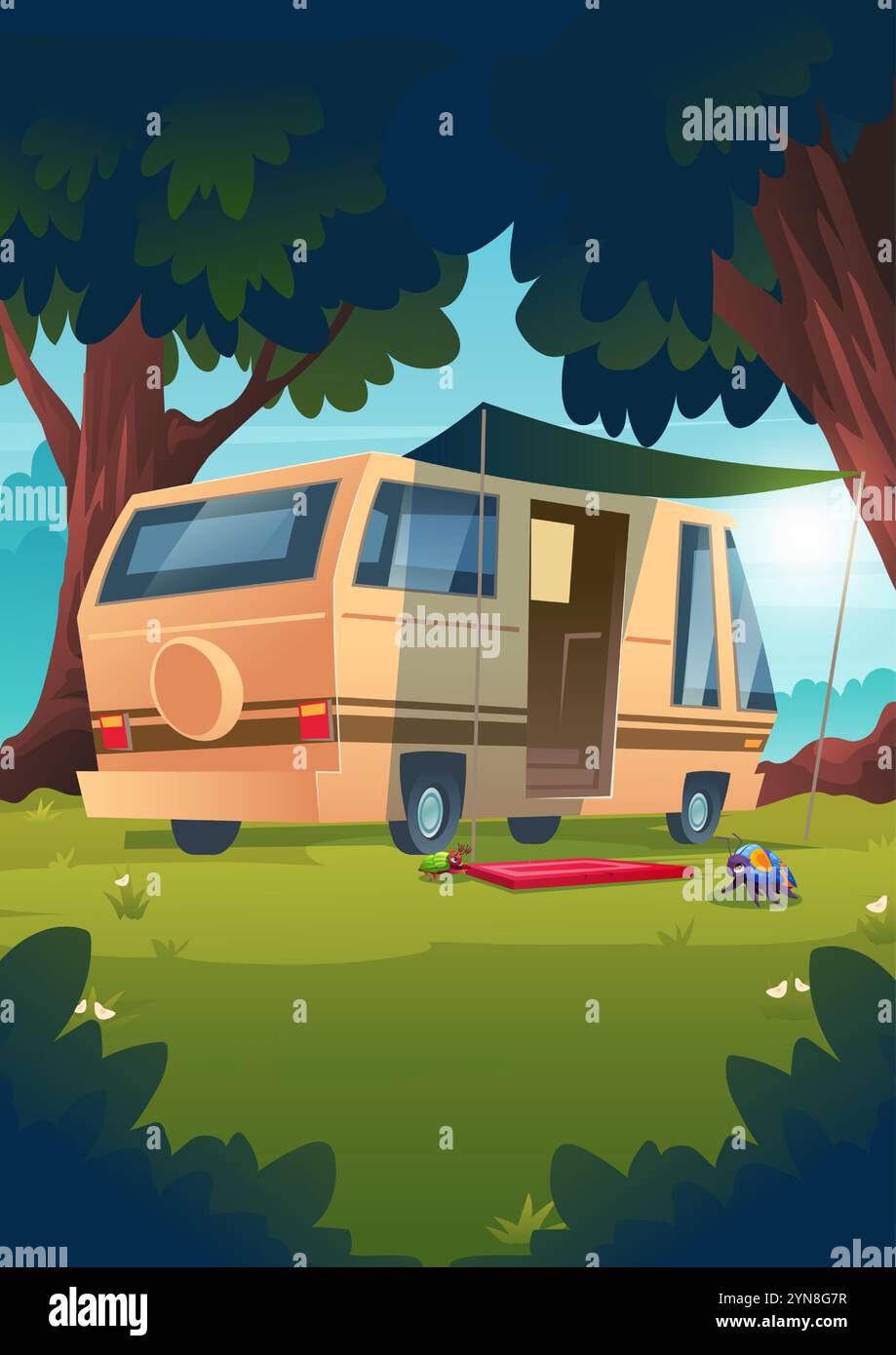 Camping van in summer forest. Vector cartoon illustration of travel ...