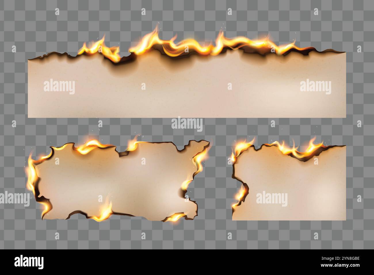 Beige parchment sheets with glowing edges and bright fire flames ...