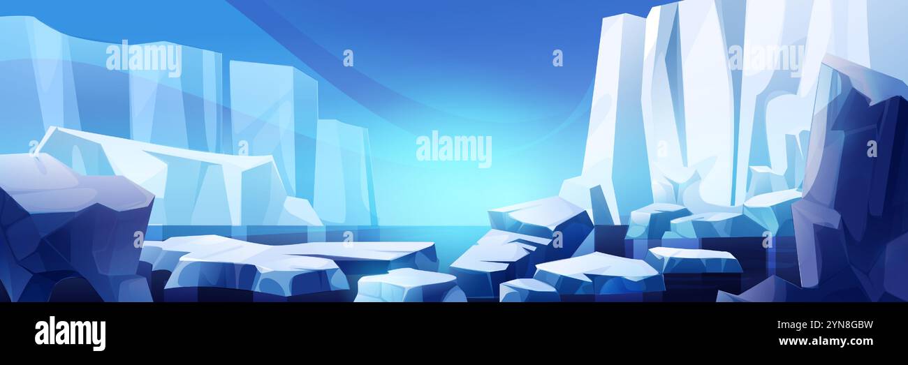 Nordic sea landscape with iceberg and glacier. Vector cartoon ...