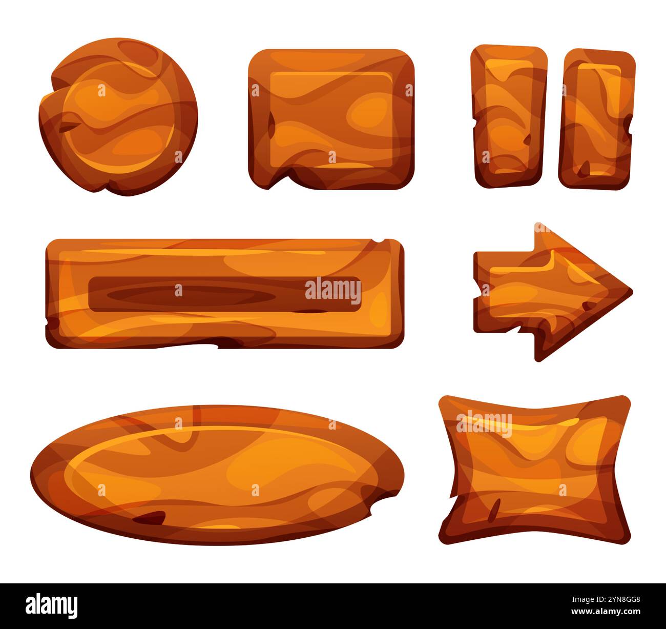 Wood button frame for game. Arrow sign board ui interface set. Round ...