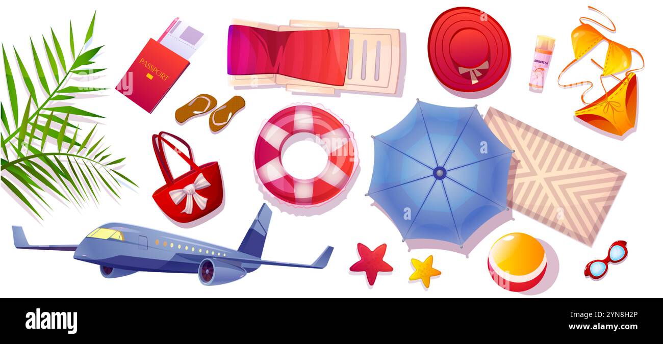 Summer travel bag, beach hat and stuff set cartoon. Holiday tourism ...