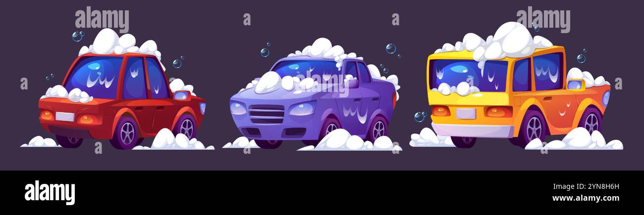 Cartoon vehicles covered in white foamy soap bubbles at automatic car ...