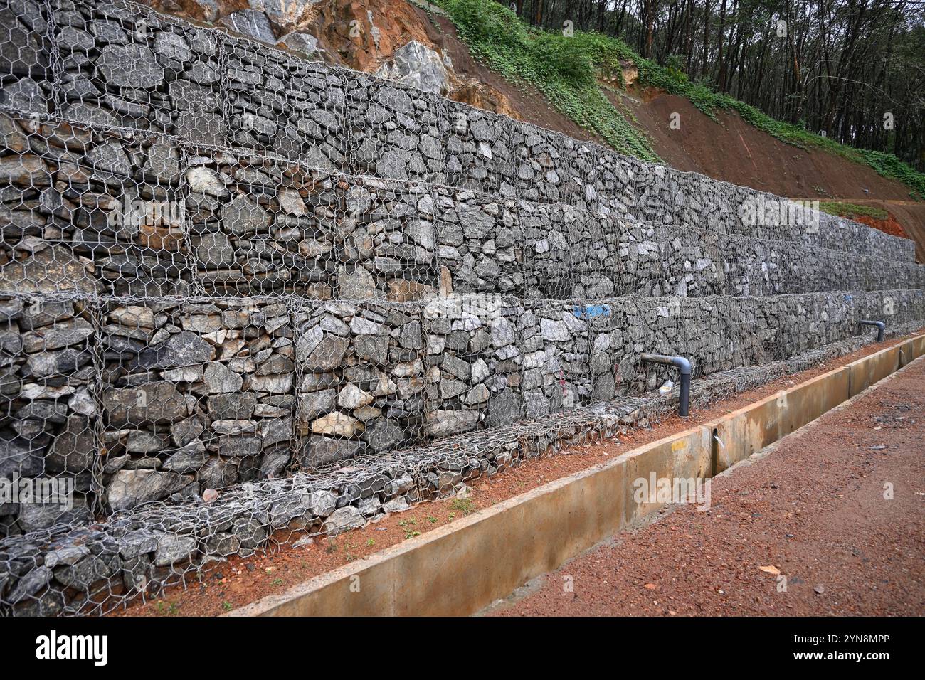 View of the newly constructed gabion walls (barrier walls) of hexagonal ...