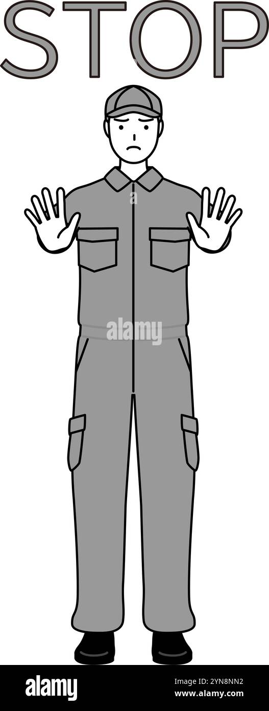 A mechanic in coveralls with his hands out in front of his body ...
