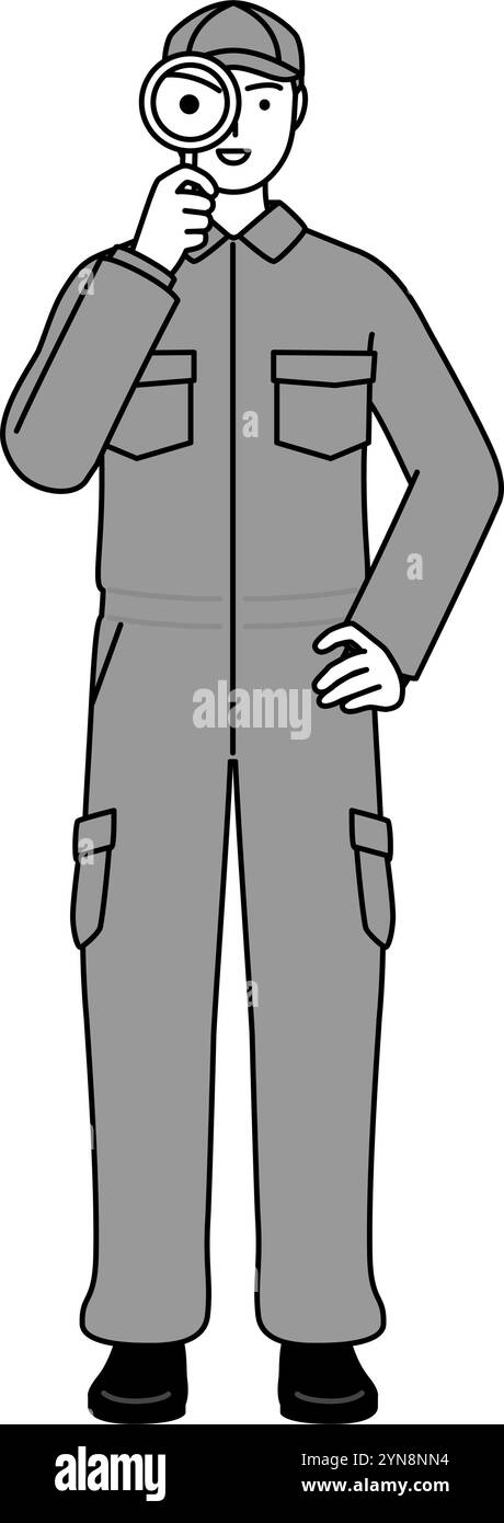 A mechanic in coveralls holding a magnifying glass and placing his hand ...