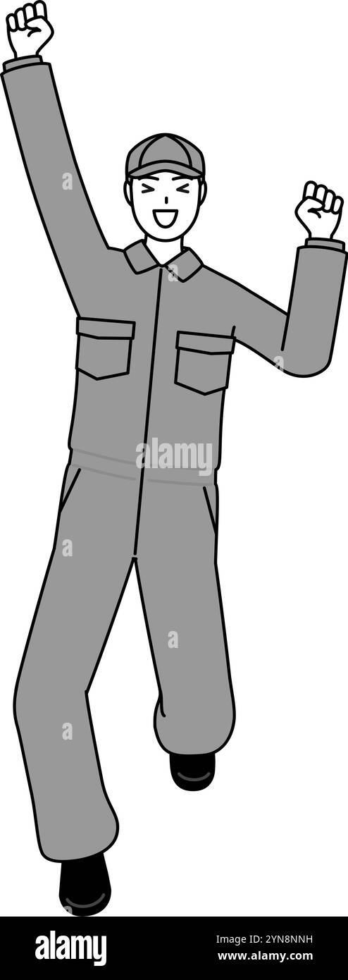 A mechanic in coveralls jumping with light-hearted delight, Vector ...