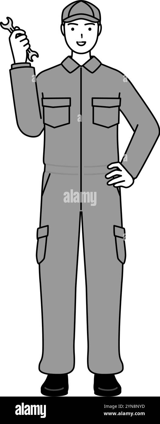 A mechanic in coveralls holding a wrench, Vector Illustration Stock ...
