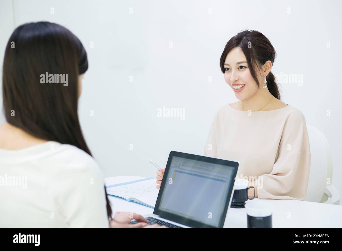Two office workers in their 20s having a meeting using a computer Stock ...