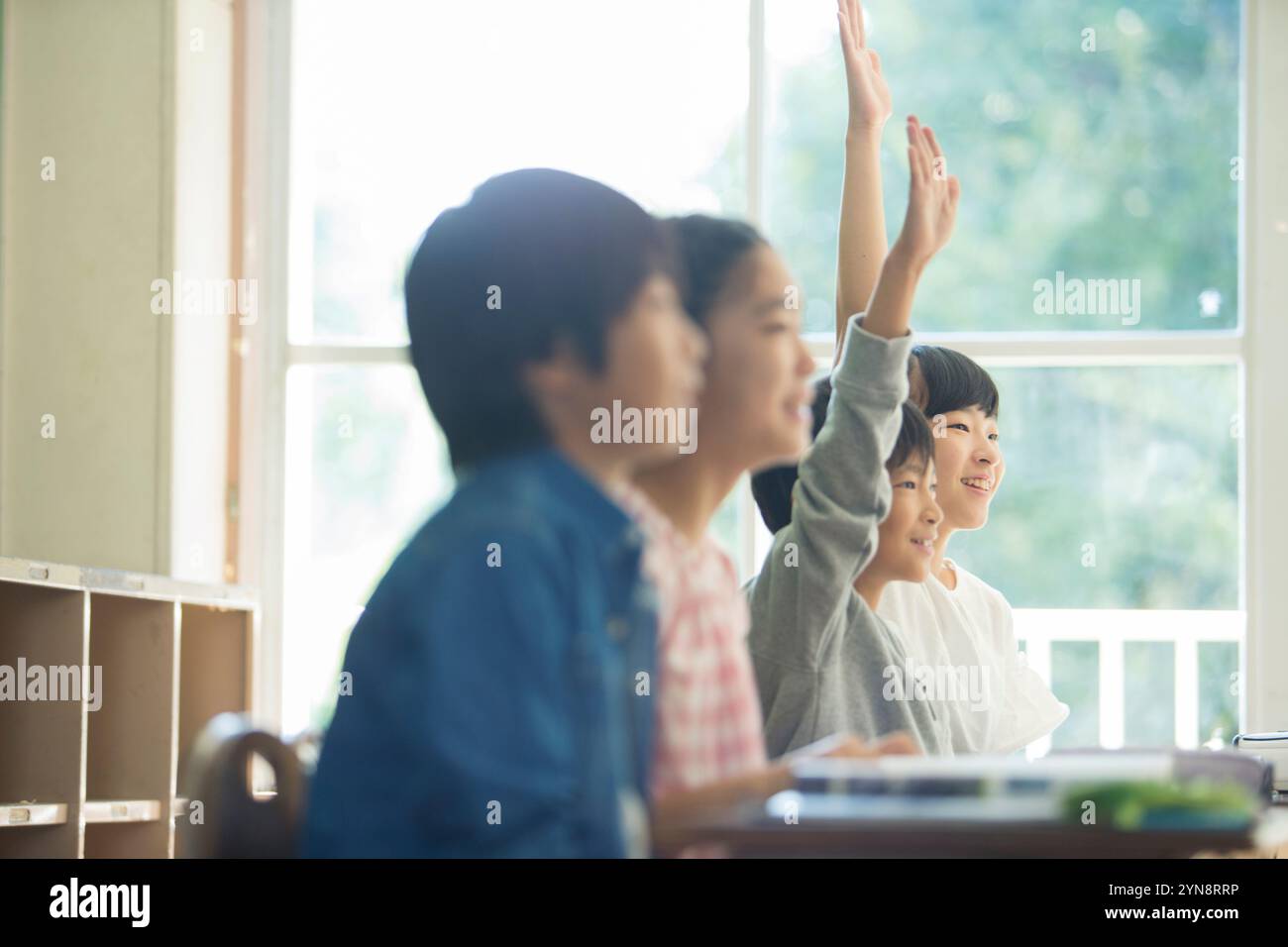 Primary schools children raising their hands Stock Photo - Alamy