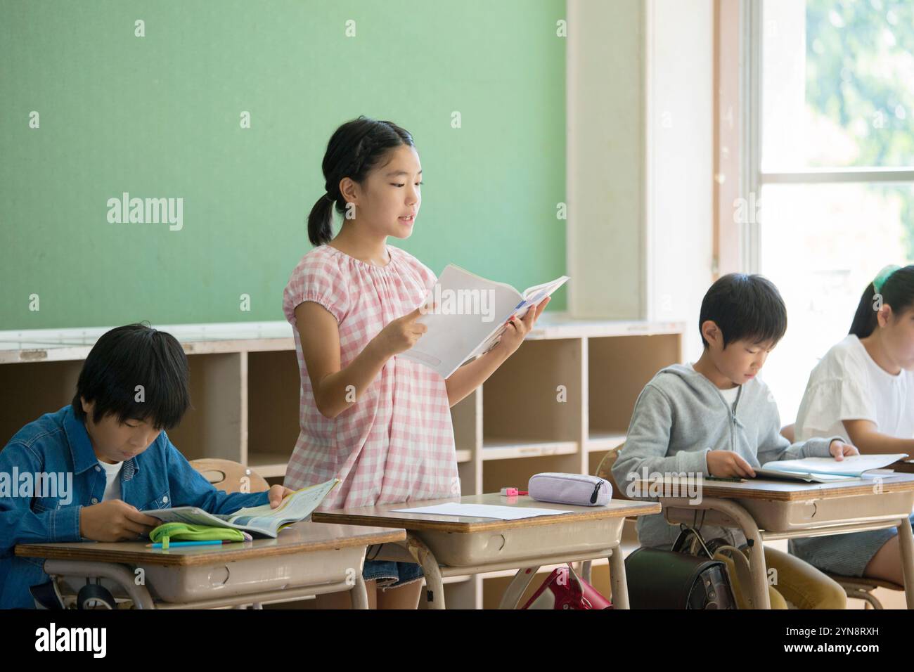 A primary school girl reading a textbook Stock Photo - Alamy