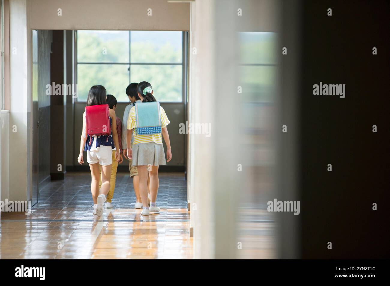 Back view of primary schools students walking in corridor Stock Photo - Alamy