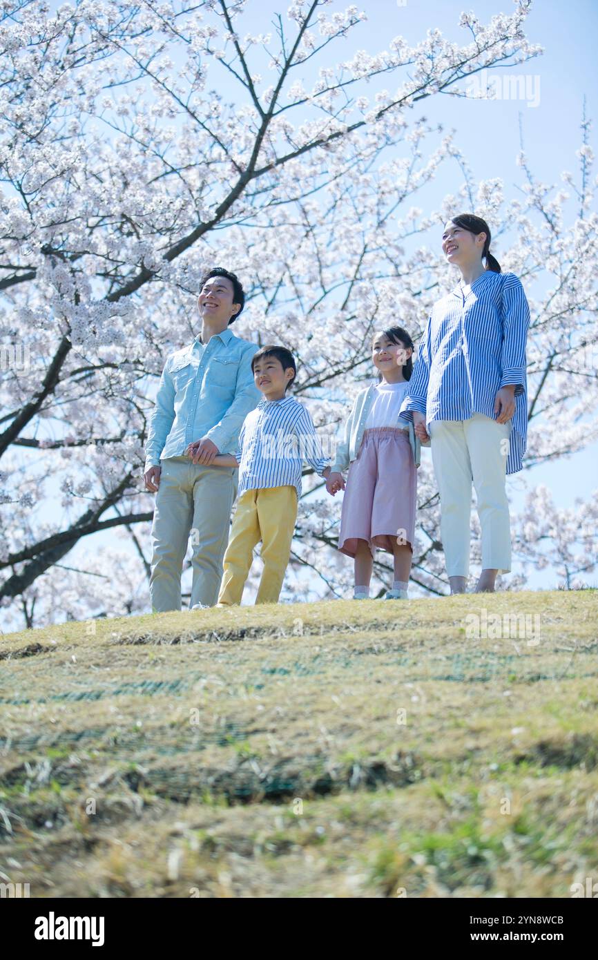 Happy family standing under a cherry tree Stock Photo - Alamy