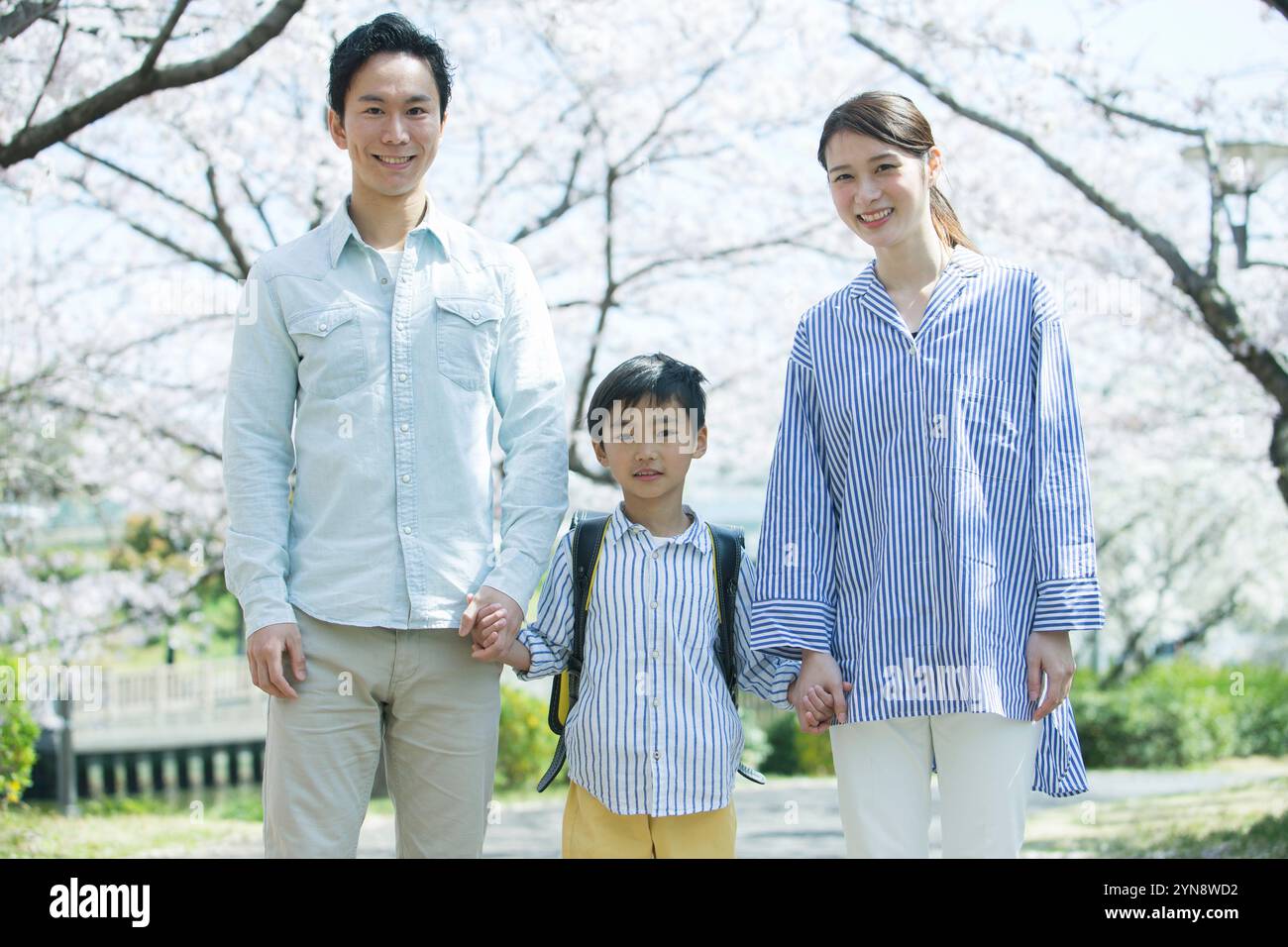 Portrait of smiling family standing under cherry tree Stock Photo - Alamy