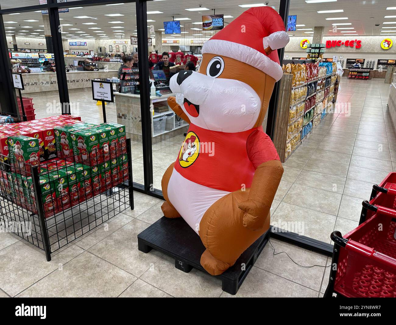An inflatable beaver dressed in a Christmas theme greets customers ...