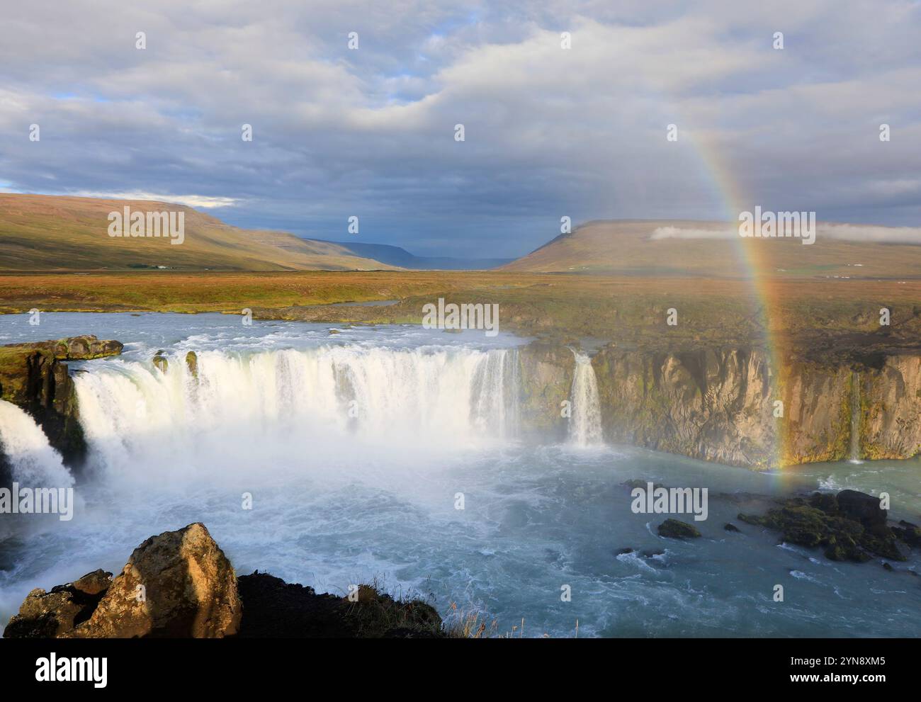 The rainbow over the famous Icelandic waterfall Godafoss Falls. Top ...