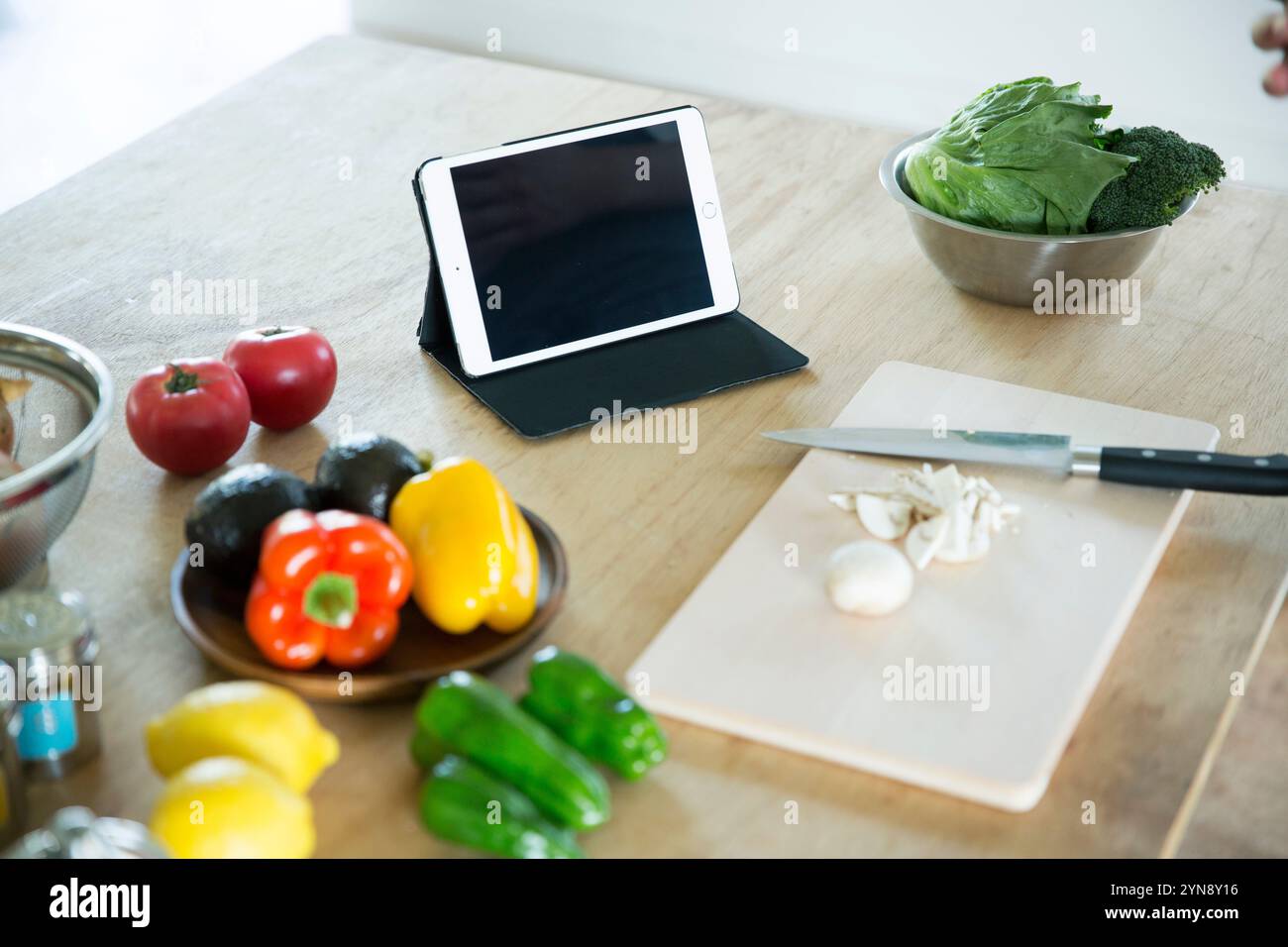 Vegetables, fruit and tablets on a stand Stock Photo - Alamy