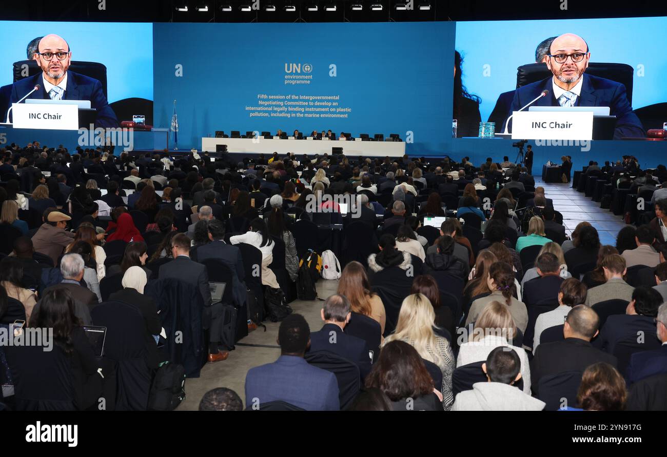 25th Nov, 2024. Int'l meeting on plastic pollution in Busan Luis Vayas Valdivieso (on screen ...