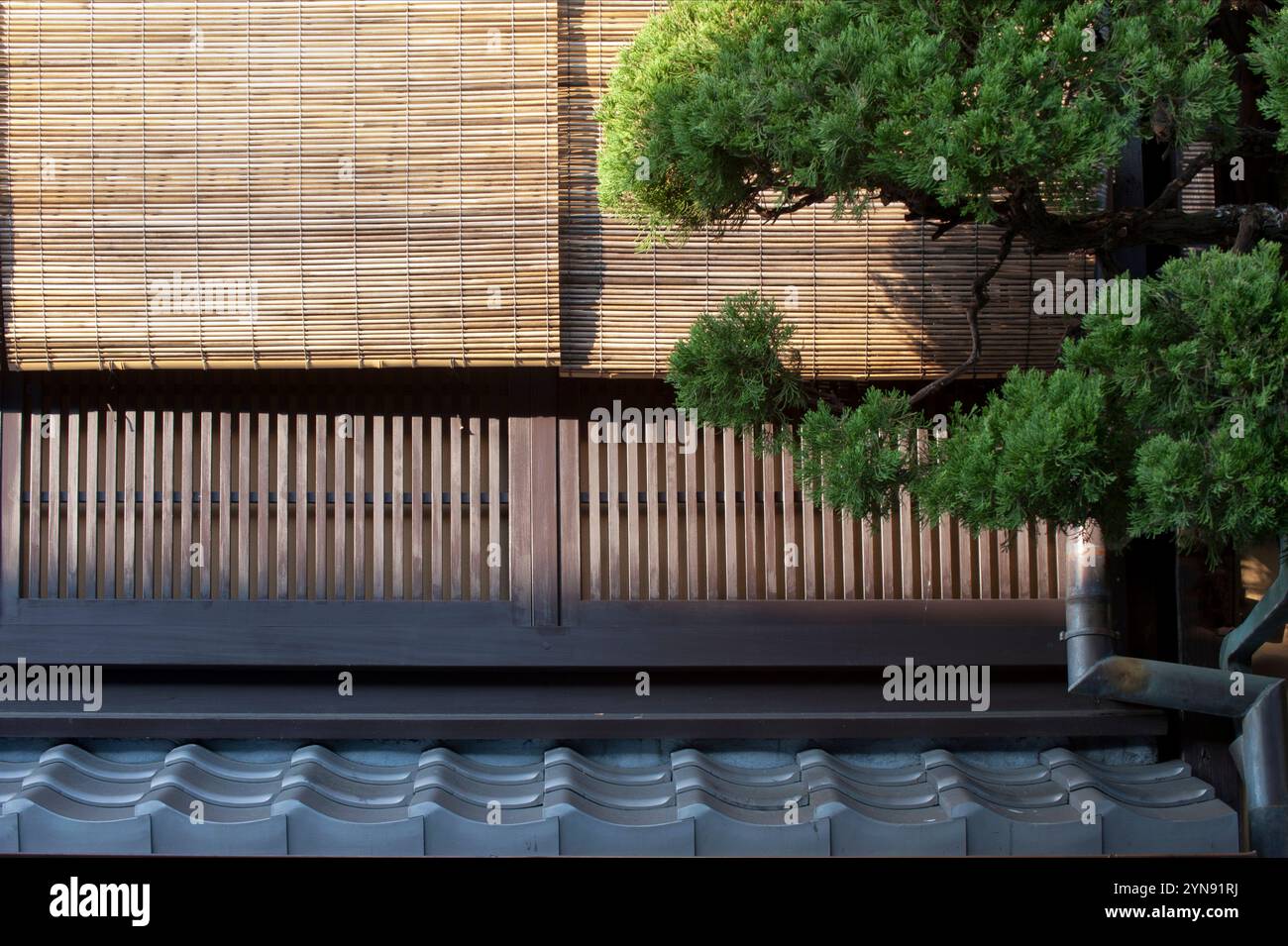 Bamboo blinds called "shudare" block sunshine on a second story lattice ...