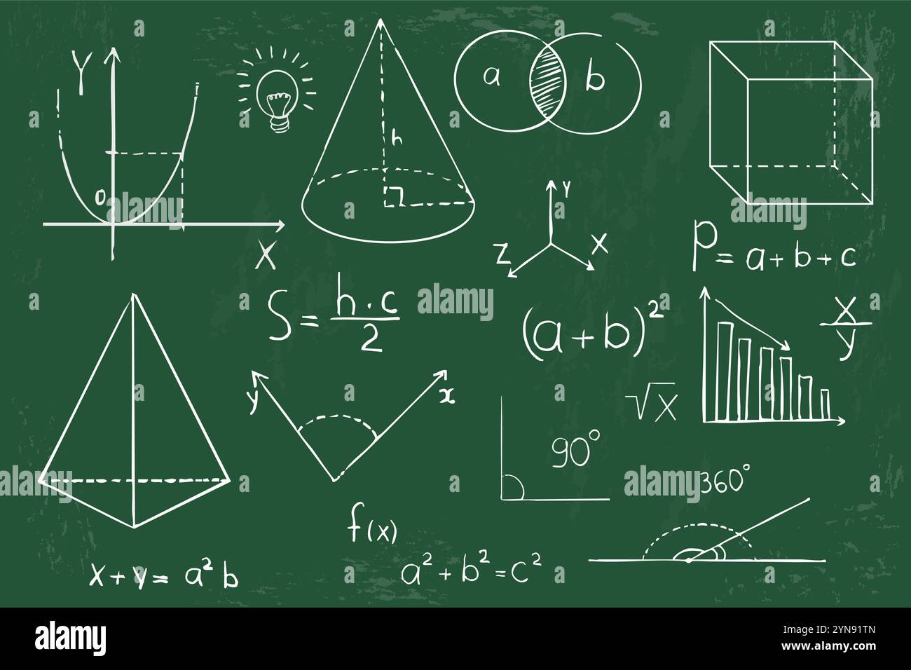 Math geometry graph and shapes on blackboard background. Set science ...