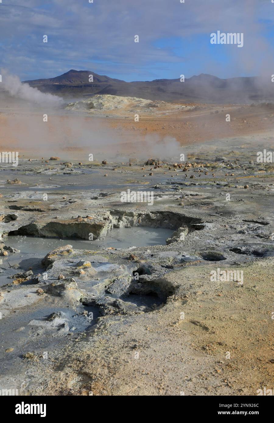 Fumaroles with volcanic boiling mud pots surrounded by sulfur hot ...