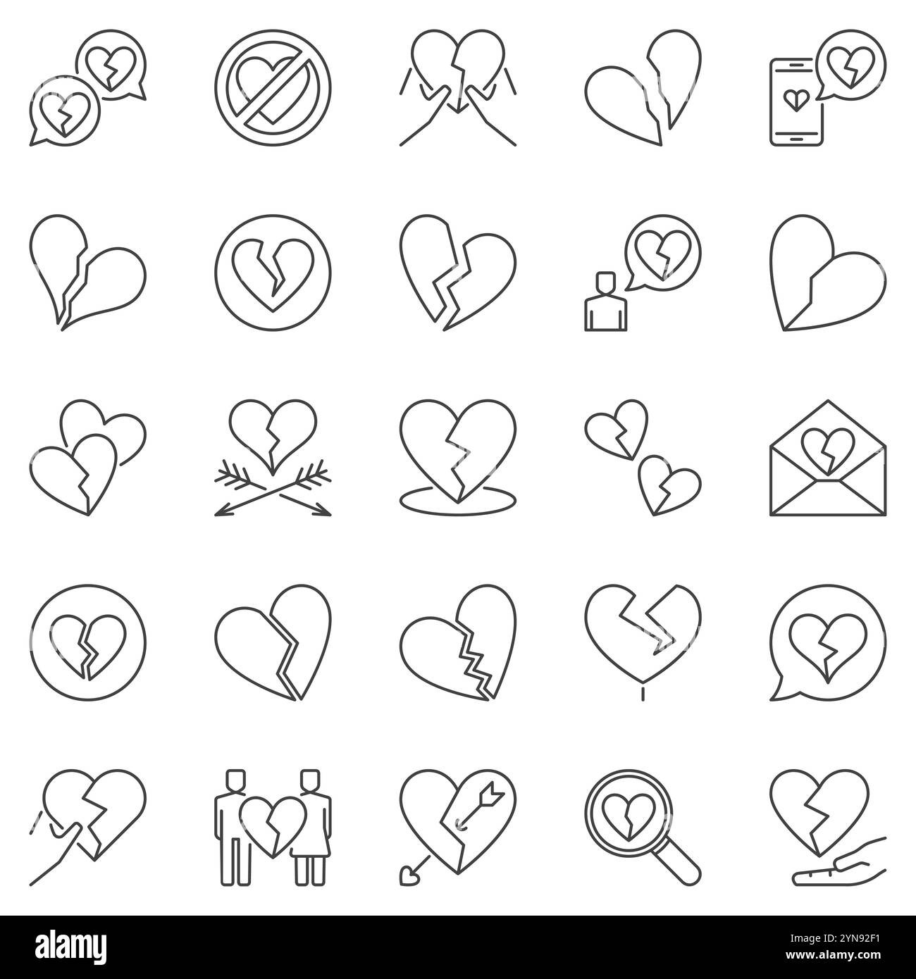Broken Heart outline icons set. Vector heartbreak concept linear ...