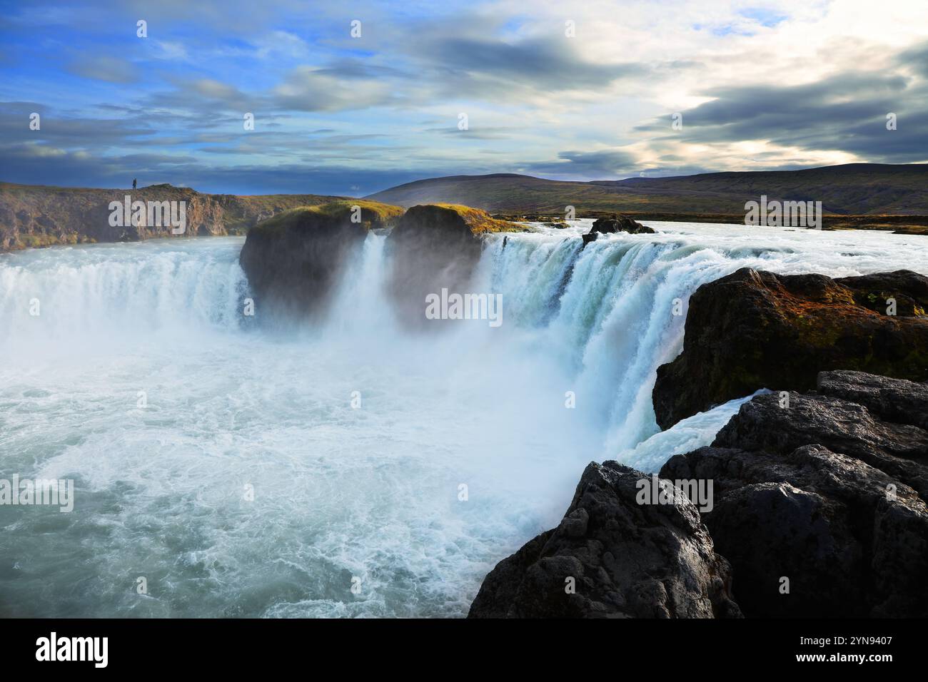 Famous Icelandic waterfall Godafoss Falls at sunset. Top tourist ...