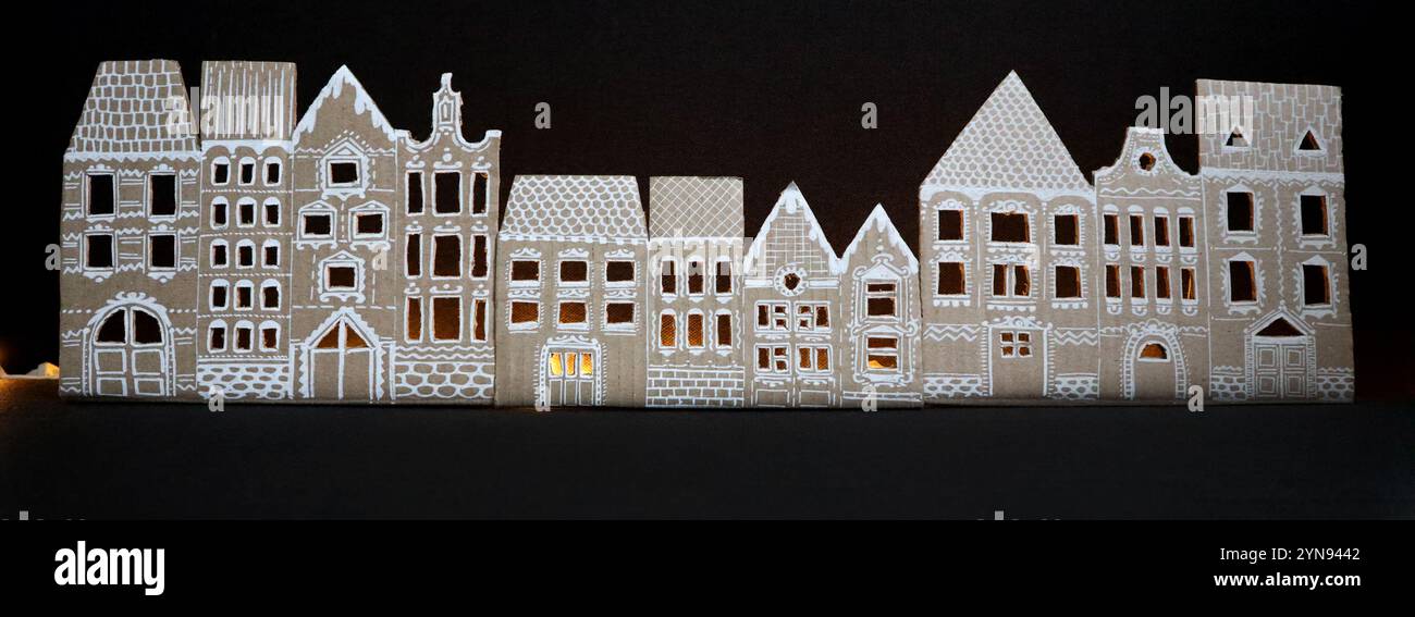 Panorama of old houses. Hand made. Houses are cut out of cardboard ...
