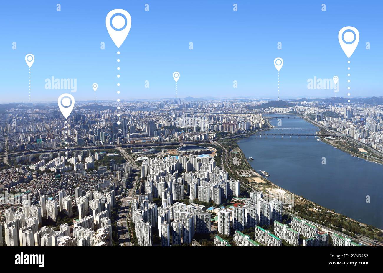 Network connection concept. Aerial view on cityscape of Seoul with ...